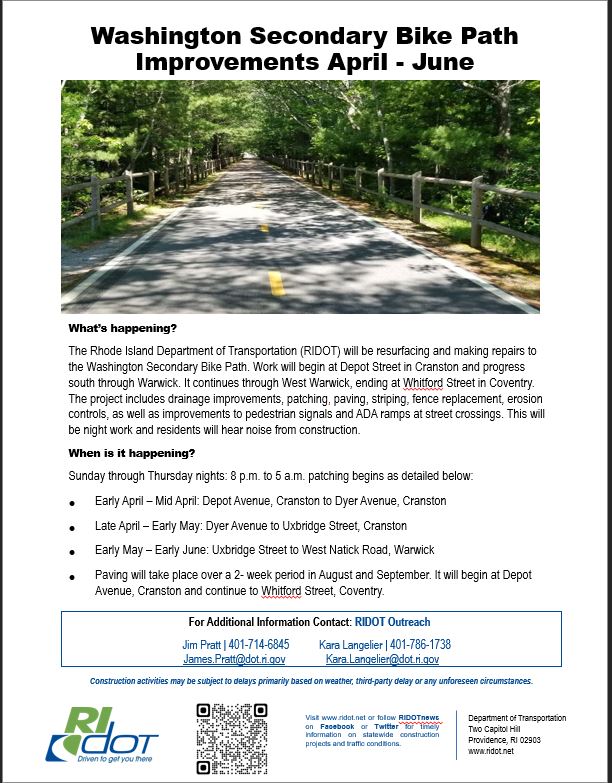 Mayor Hopkins Announces RIDOT Cranston Bike Path Work Schedule